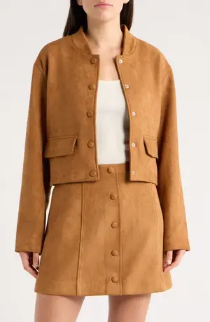 Bernardo Faux Suede Cropped Bomber Jacket - Cognac