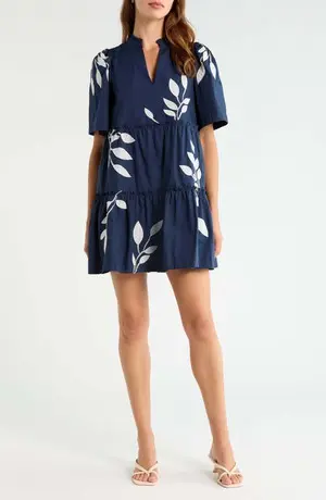 SUGARLIPS Dixie Split Neck Cotton Dress With Tiered Skirt - Navy