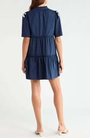 SUGARLIPS Dixie Split Neck Cotton Dress With Tiered Skirt - Navy