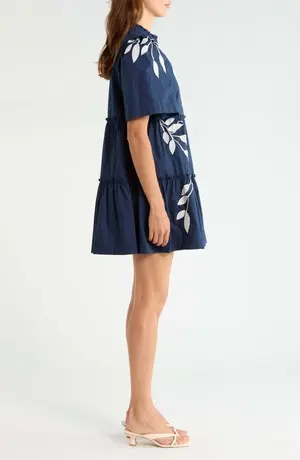 SUGARLIPS Dixie Split Neck Cotton Dress With Tiered Skirt - Navy