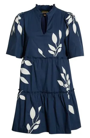SUGARLIPS Dixie Split Neck Cotton Dress With Tiered Skirt - Navy