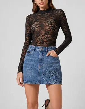 Philipp Plein Denim Mini Skirt With Rose Embellishment