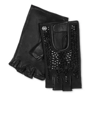Philipp Plein Fingerless Leather Gloves With Sequins - Black/black