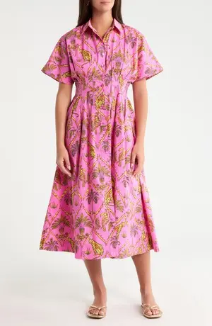 SUGARLIPS Wilderra Pleated Cotton Midi Shirtdress - Pink-leopard