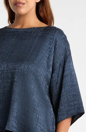 Eileen Fisher Bateau Neck Box Top With 3/4 Sleeves In Silk - Maritime