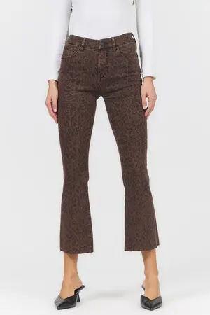 DEAR JOHN Jeanne Mid Rise Raw Hem Flare Jeans - Brown Leopard