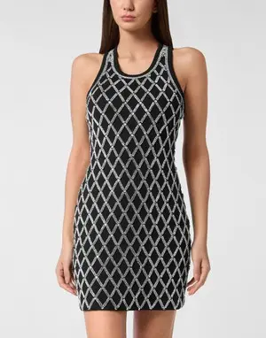 Philipp Plein Short Tank Dress Crystal Net - Black