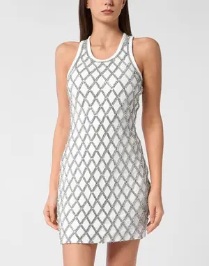 Philipp Plein Short Tank Dress With Crystal Net Embellishment - White