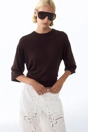 H&M Short-sleeved Fine-knit Top - Dark Brown