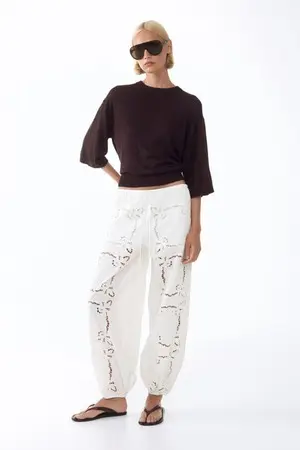 H&M Short-sleeved Fine-knit Top - Dark Brown