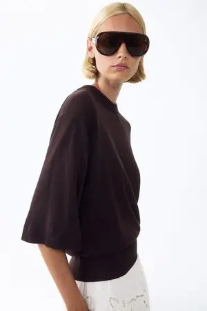 H&M Short-sleeved Fine-knit Top - Dark Brown