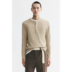 H&M Slim-fit Ribbed Henley Shirt - Beige