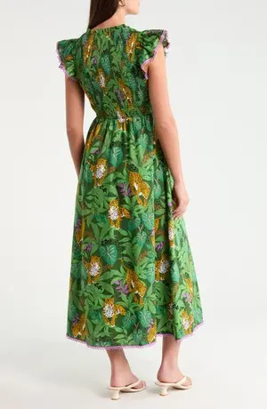 SUGARLIPS Merlin Smocked Bodice Flutter Sleeve Cotton Midi Sundress