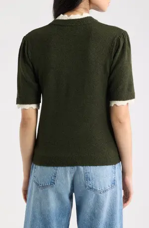 WAYF Everett Short Sleeve Sweater With Scalloped Mock Neck - Hunter