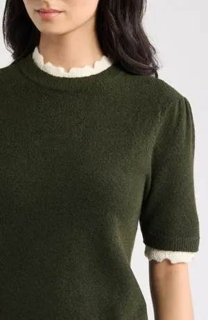 WAYF Everett Short Sleeve Sweater With Scalloped Mock Neck - Hunter