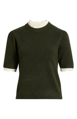 WAYF Everett Short Sleeve Sweater With Scalloped Mock Neck - Hunter