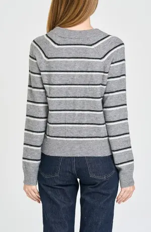 WAYF Quincy Striped V-neck Sweater - Grey/ivory
