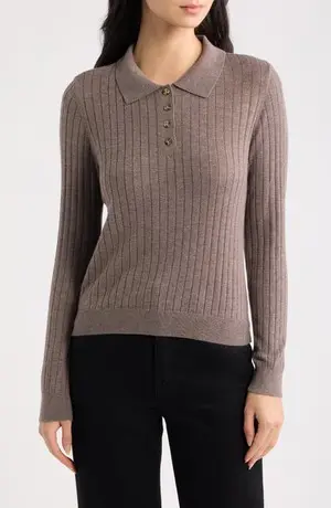 WAYF Evie Ribbed Polo Sweater - Pewter