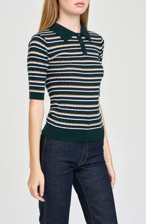 WAYF Sutton Striped Polo Sweater - Hunter Stripe