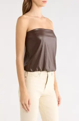 WAYF Camryn Faux Leather Strapless Top - Chocolate