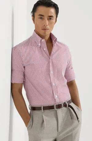Brunello Cucinelli Striped Poplin Shirt With Button-down Collar