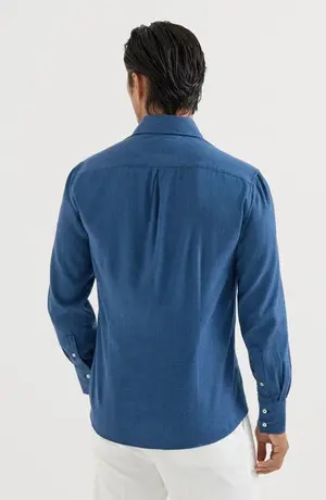 Brunello Cucinelli Stretch Cotton Chevron Flannel Shirt With Spread Collar - Blue