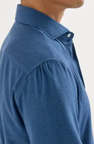 Brunello Cucinelli Stretch Cotton Chevron Flannel Shirt With Spread Collar - Blue