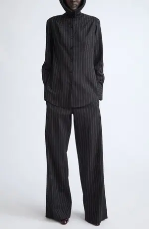 JEAN PAUL GAULTIER Pinstripe Wool Button-up Hoodie Shirt