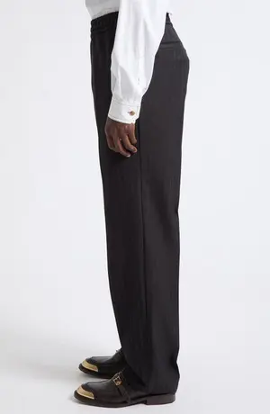 Versace Greca Stripe Wool Straight Leg Pants - Black