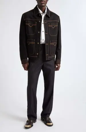 Versace Greca Stripe Wool Straight Leg Pants - Black