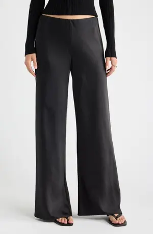OPEN EDIT Satin Wide Leg Pull-on Pants - Black