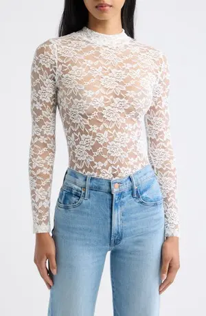 STEMS Mock Neck Sheer Lace Bodysuit - White