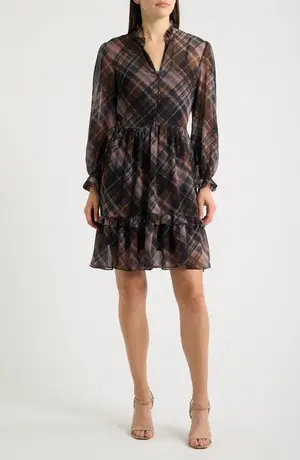 Julia Jordan Long Sleeve Plaid Georgette Dress