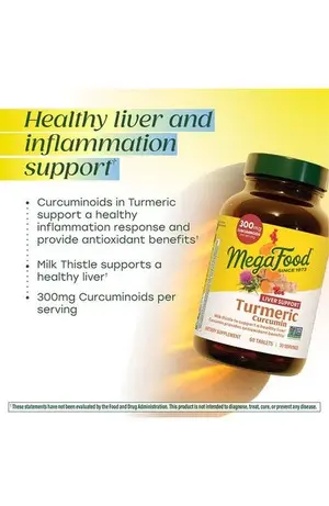 MEGAFOOD Turmeric Curcumin Supplement For Liver Support With Black Pepper & Milk Thistle, Vegan, Non-gmo