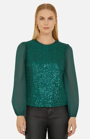 YUMI Sequined Sheer Sleeve Top - Green