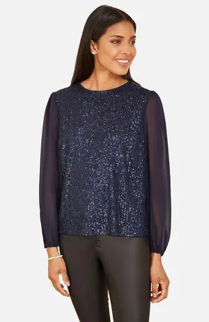 YUMI Sequined Sheer Sleeve Top - Navy