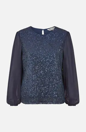 YUMI Sequined Sheer Sleeve Top - Navy