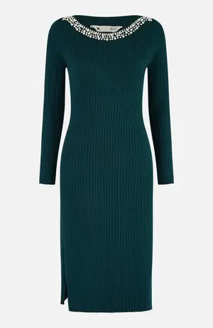 YUMI Embellished Neck Fitted Midi Dress - Green