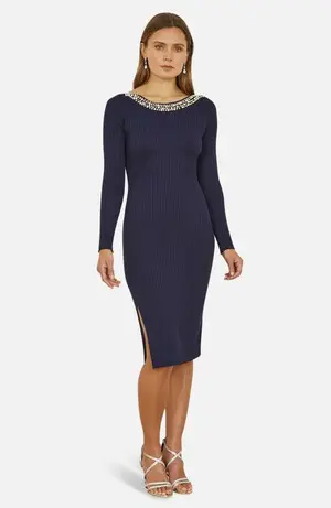 YUMI Embellished Neck Fitted Midi Dress - Navy