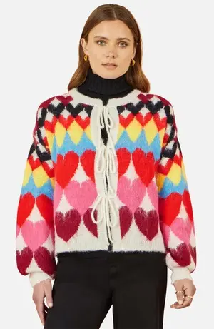 YUMI Tie Front Heart Intarsia Cardigan - Multi
