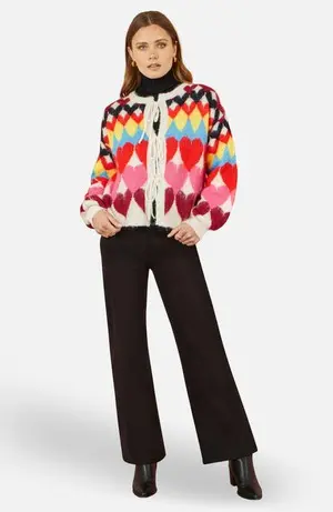 YUMI Tie Front Heart Intarsia Cardigan