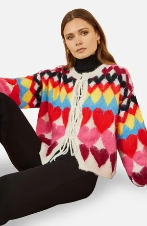 YUMI Tie Front Heart Intarsia Cardigan