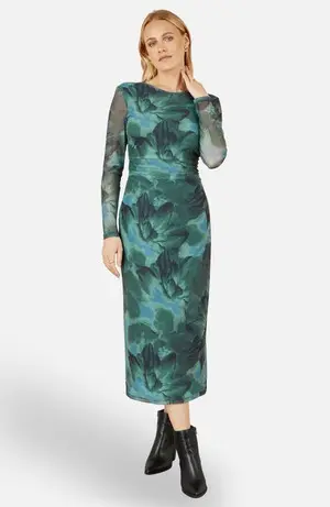 YUMI Floral Mesh With Tie Back Bodycon Dress