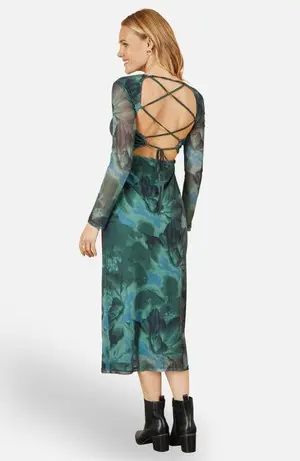 YUMI Floral Mesh With Tie Back Bodycon Dress