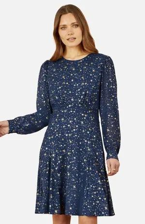 YUMI Star Print Foil Long Sleeve Dress