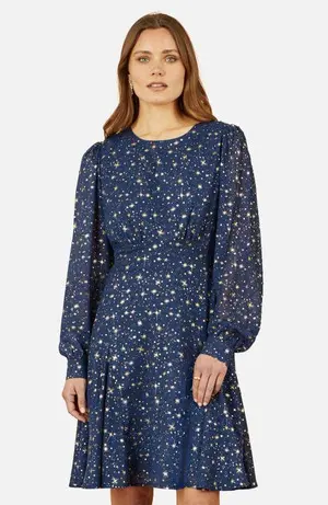 YUMI Star Print Foil Long Sleeve Dress