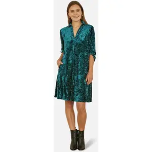 YUMI Velvet 3/4 Sleeve Collared Tunic Dress - Green