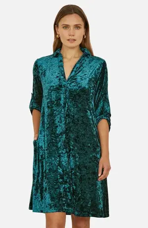 YUMI Velvet 3/4 Sleeve Collared Tunic Dress - Green