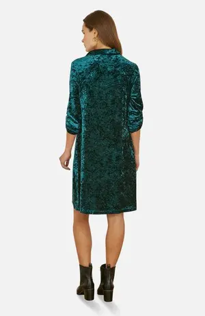YUMI Velvet 3/4 Sleeve Collared Tunic Dress - Green