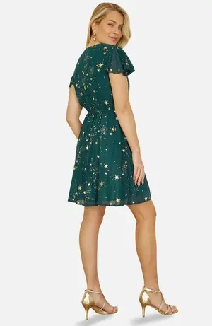 YUMI Foil Star Print Wrap Skater Dress